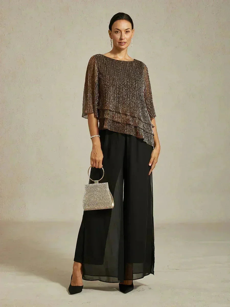 Metallic Pleated Chiffon Asymmetrical Layered Blouse – vvcloth