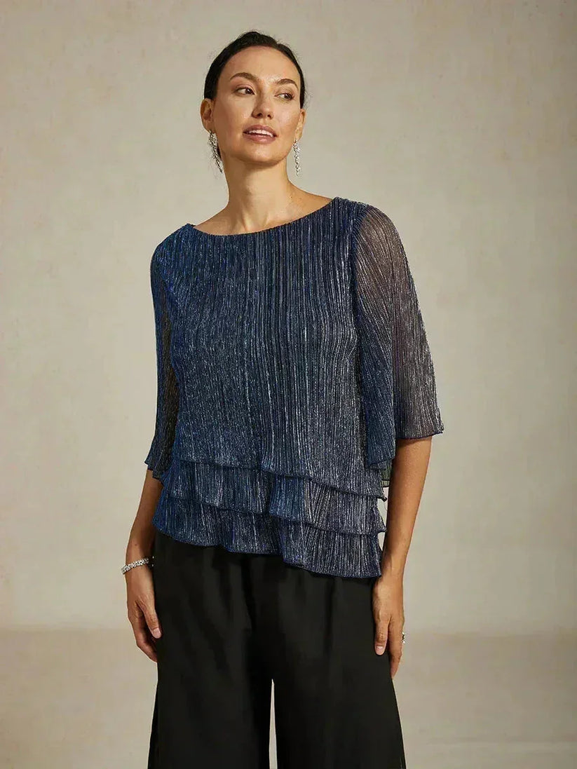 Metallic Pleated Chiffon Asymmetrical Layered Blouse – vvcloth