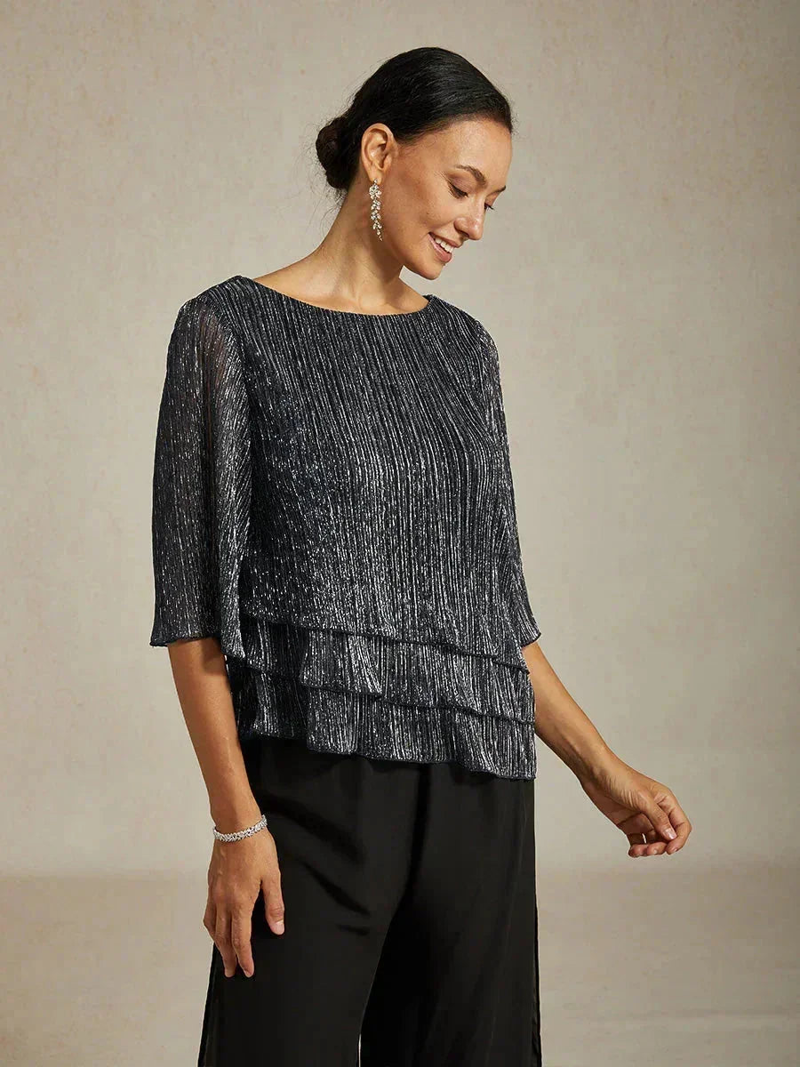 Metallic Pleated Chiffon Asymmetrical Layered Blouse – vvcloth